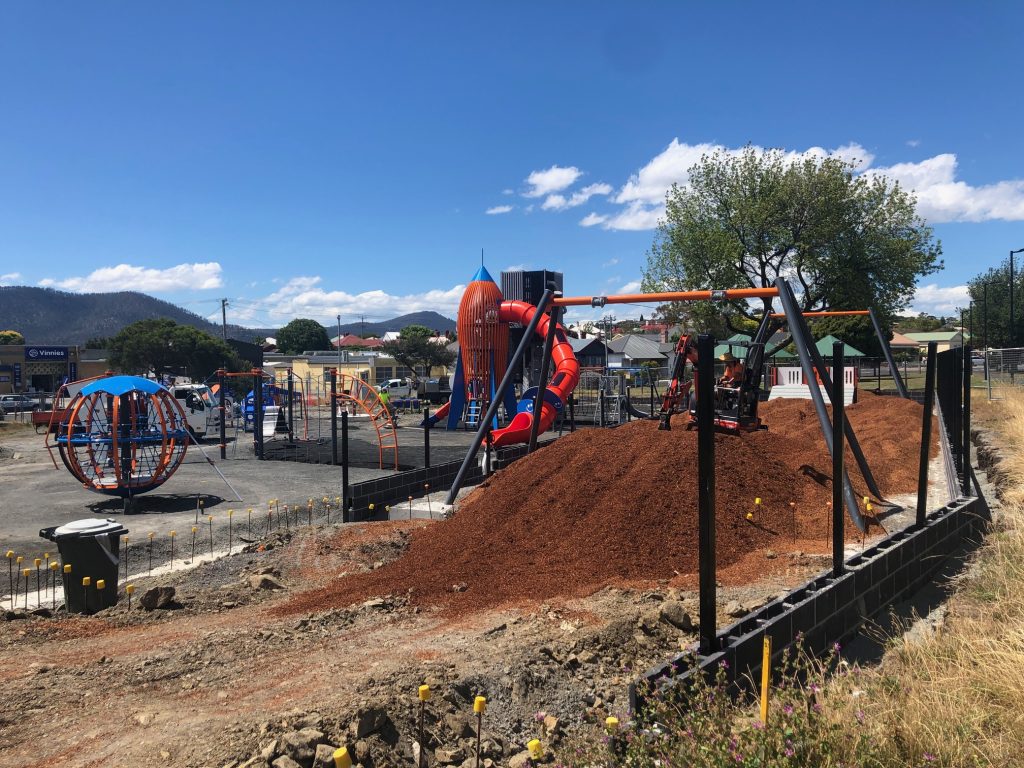 Image caption: Drone footage of Benjafield Playspace under construction